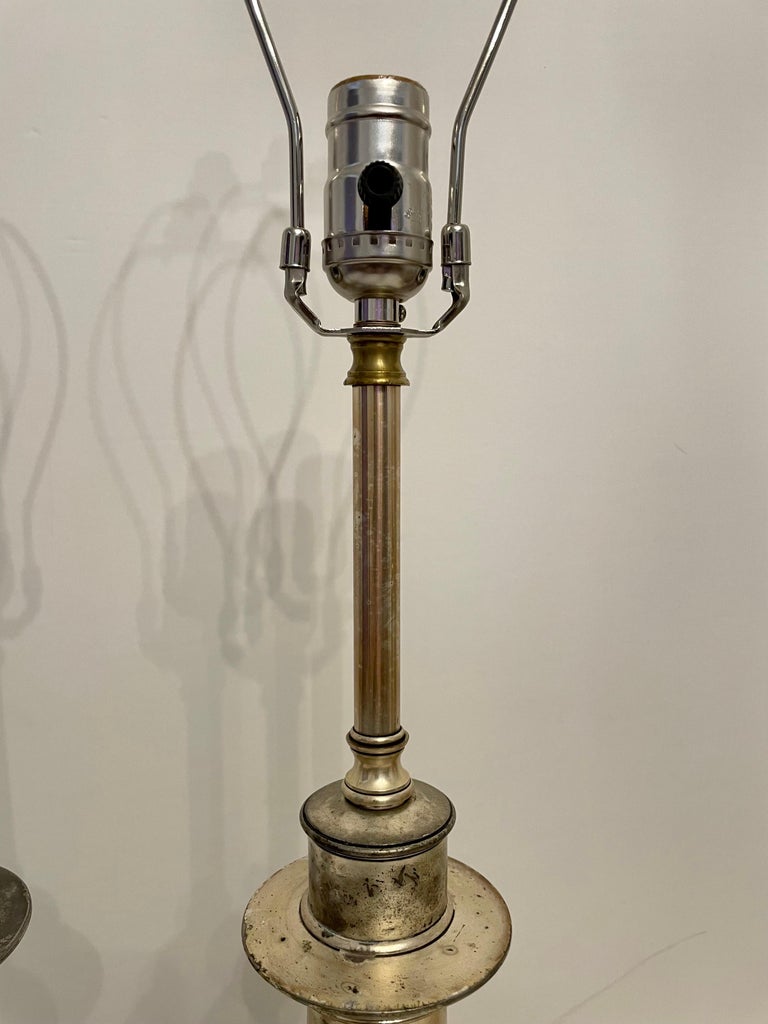 Pair of Silver Plated Column Form Lamps For Sale at 1stDibs