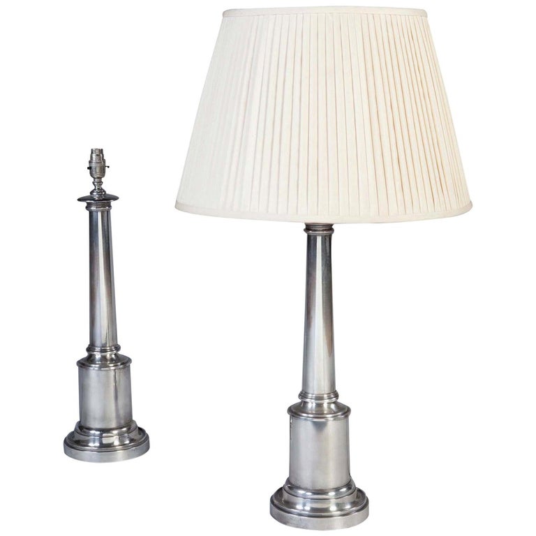 Pair of Silver Plated Column Table Lamps at 1stDibs | pair of silver lamps