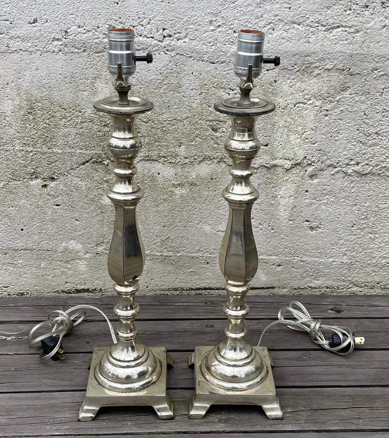 Pair of Silver Plated Hollywood Regency Table Lamps in the Style of ...