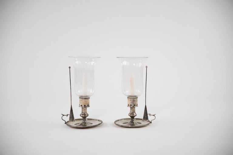 Pair of Silverplate Candlestick Holders w/Glass Hurricanes and Snuffers ...