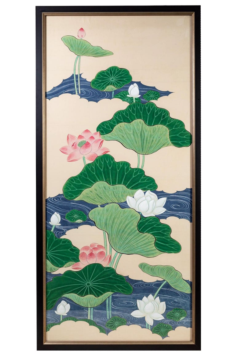 Pair of Painted Panels, Lotus in Bloom For Sale at 1stDibs