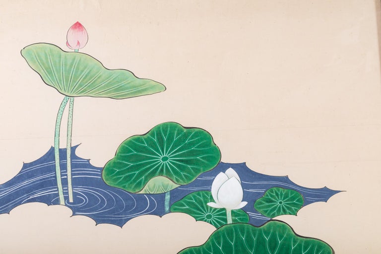 Pair of Painted Panels, Lotus in Bloom For Sale at 1stDibs