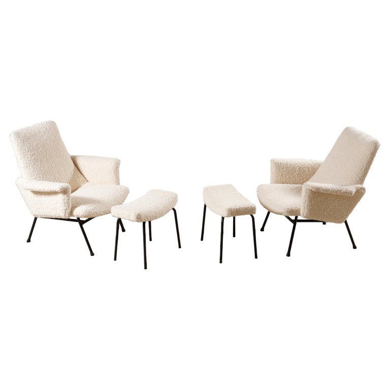 Pair of SK660 Armchairs by Pierre Guariche with Footstools, 1953 at 1stDibs
