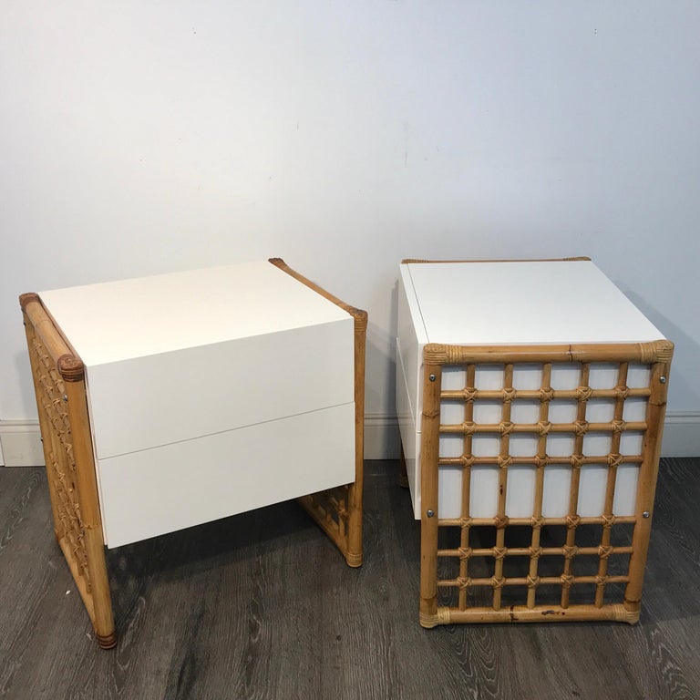 Pair of Sleek Modern White Lacquered and Rattan End Tables or ...