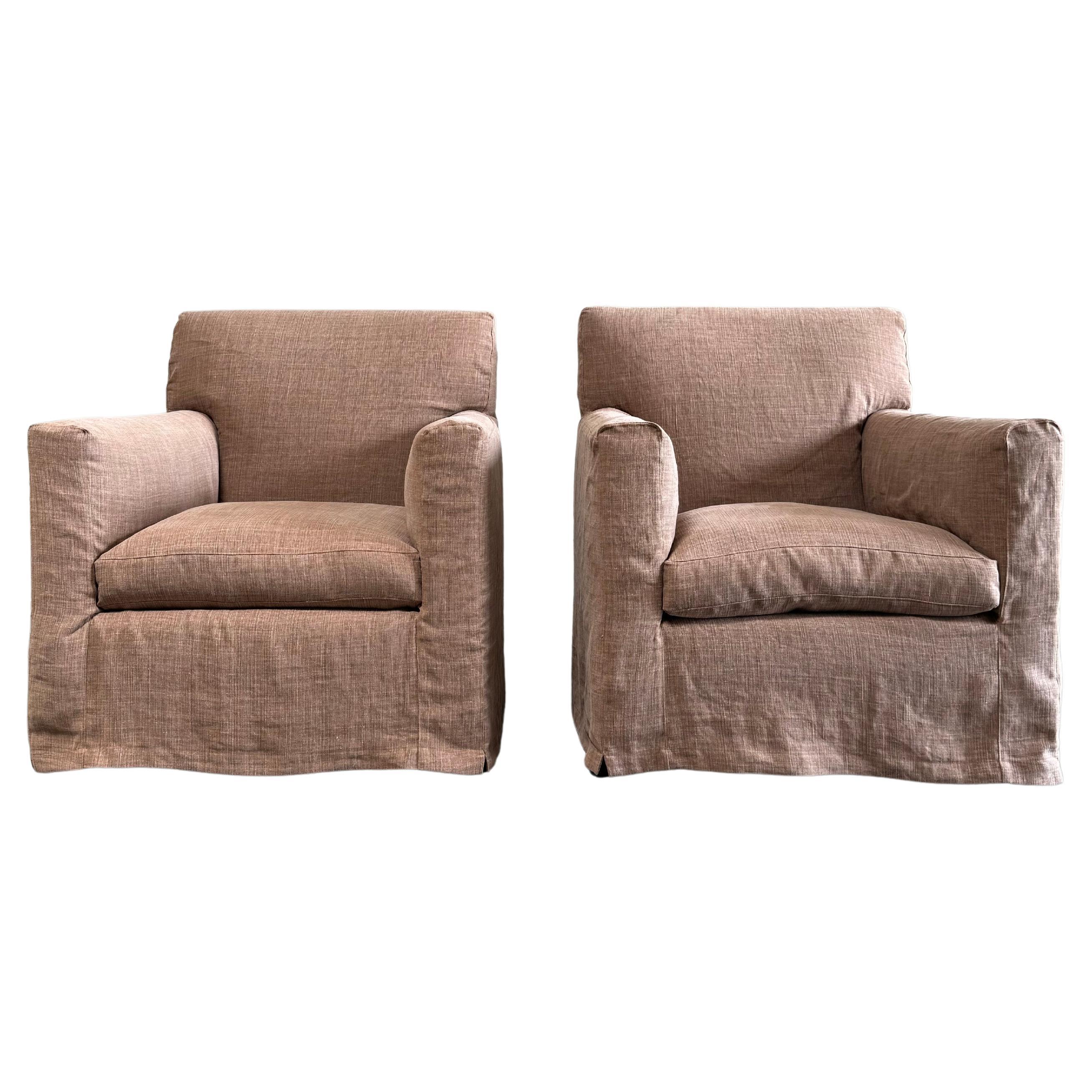 Pair of Slip Covered Linen Swivel Chairs at 1stDibs