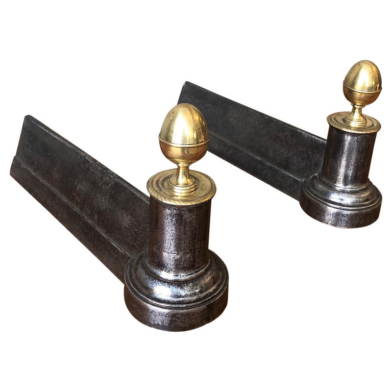 Pair of Small Empire Style Iron Andirons with Brass Finials For Sale at ...