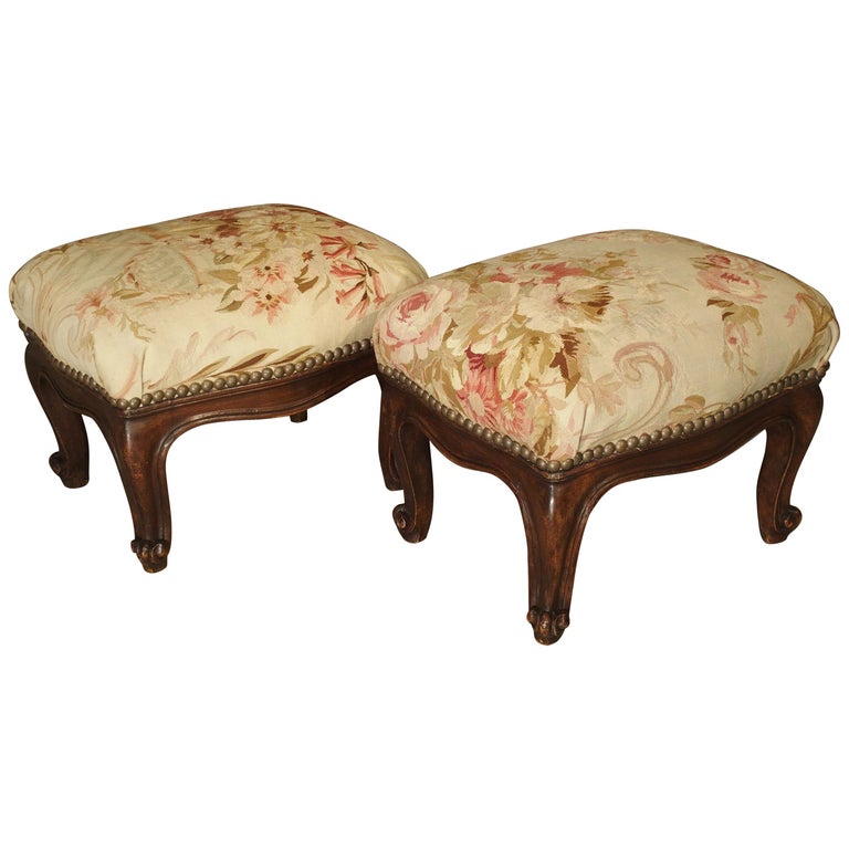 Pair of Small French Louis XV Style Footstools with Antique Aubusson ...