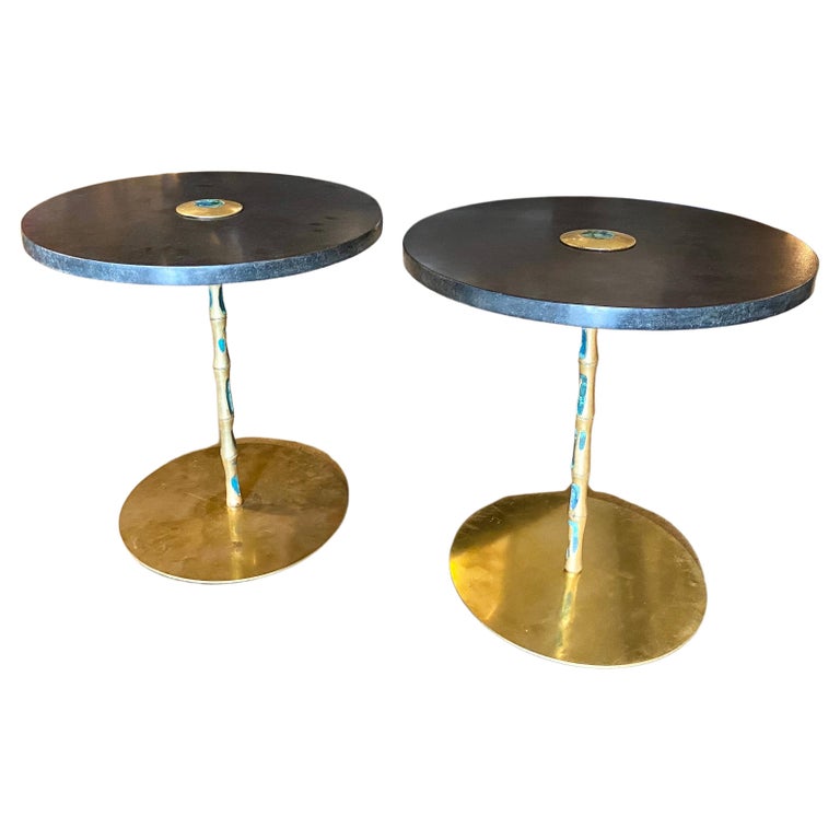 Pair of Signed Marble Top Side Tables with Decorative Pepe Mendoza ...