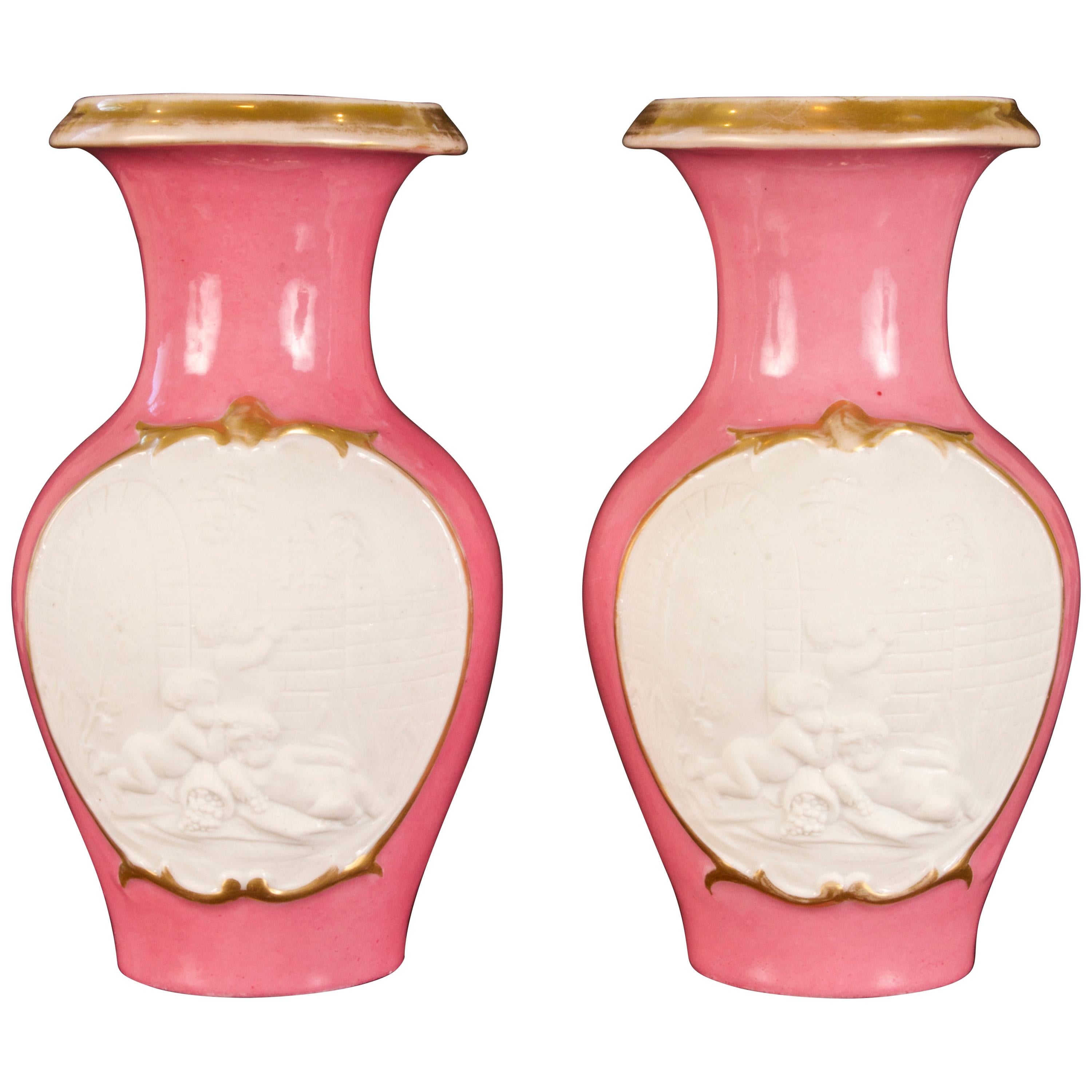 Pair of Small Pink Paris Porcelain Vases For Sale at 1stDibs