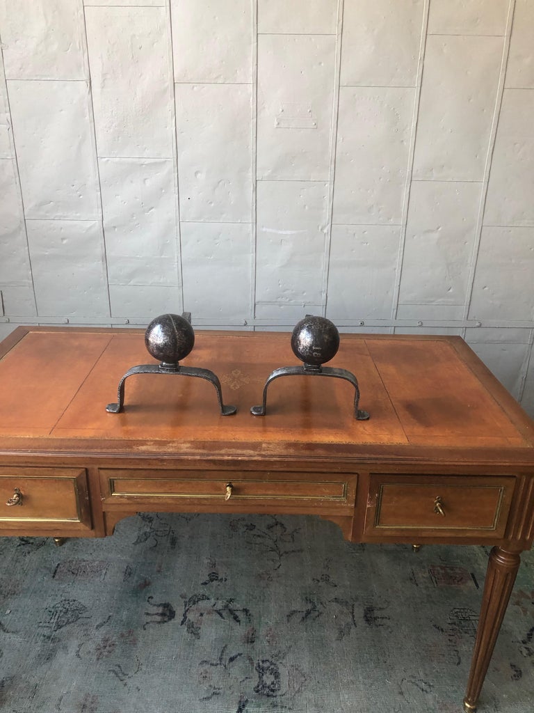 Pair of Small Polished Iron Andirons with Large Ball Mounts at 1stDibs