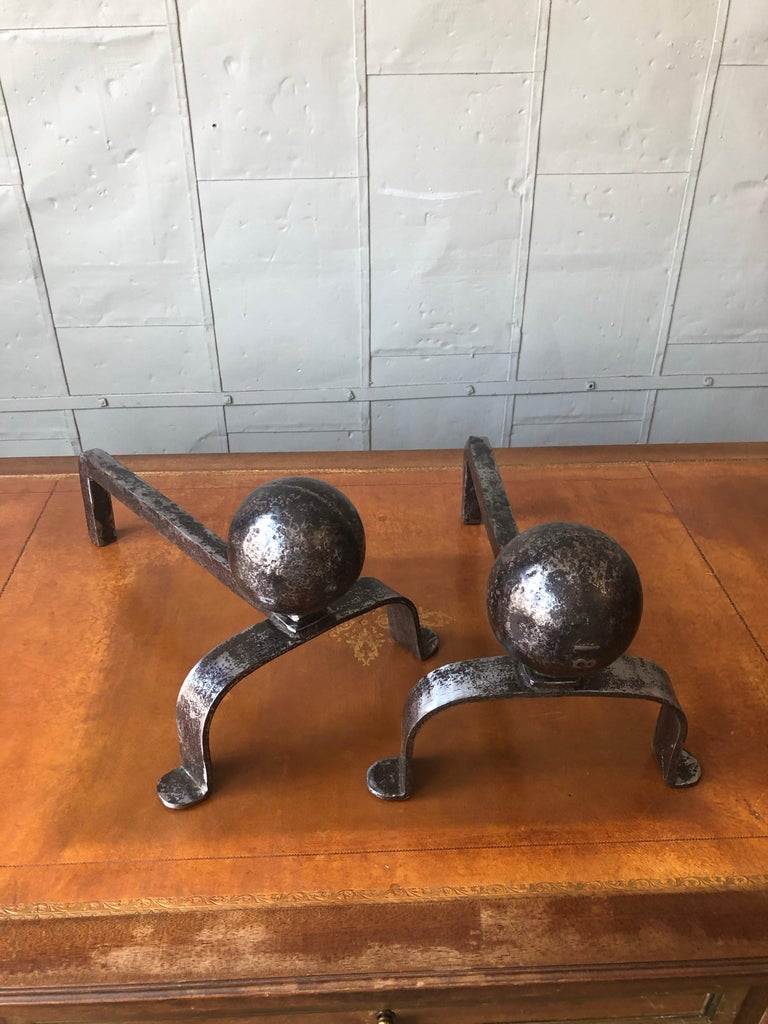 Pair of Small Polished Iron Andirons with Large Ball Mounts at 1stDibs