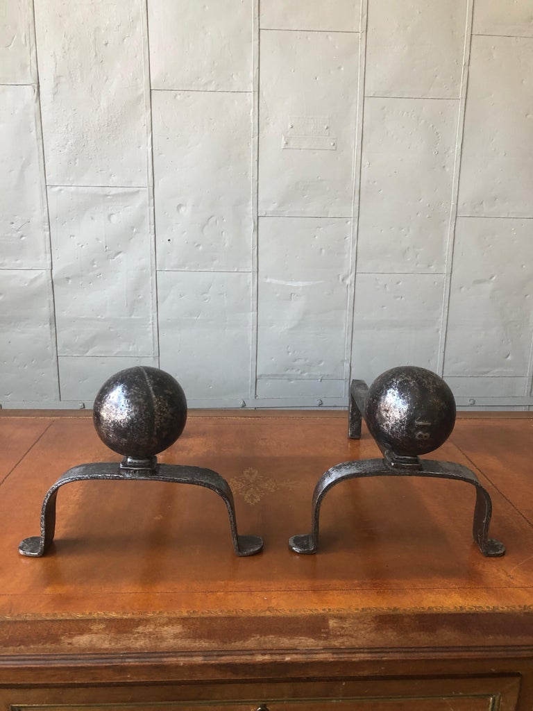 Pair of Small Polished Iron Andirons with Large Ball Mounts at 1stDibs