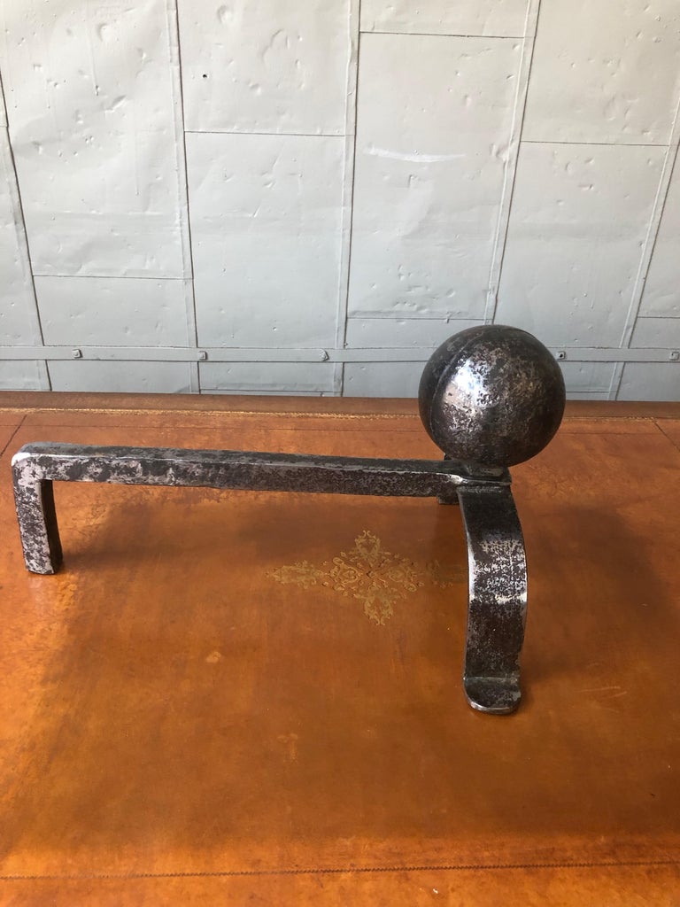 Pair of Small Polished Iron Andirons with Large Ball Mounts at 1stDibs