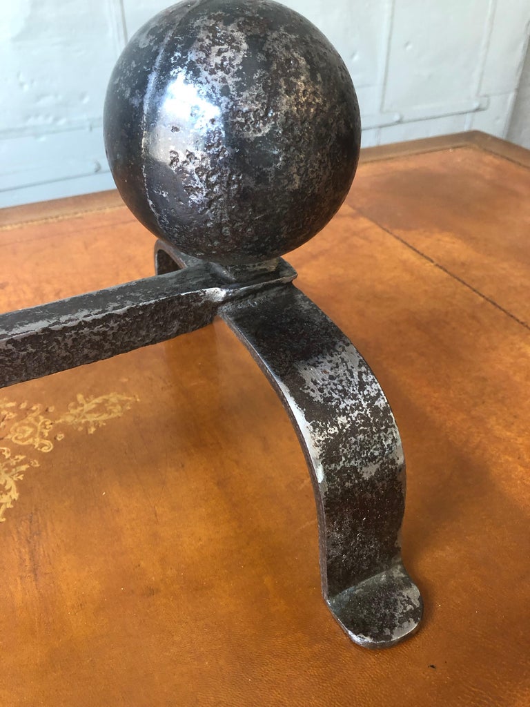 Pair of Small Polished Iron Andirons with Large Ball Mounts at 1stDibs