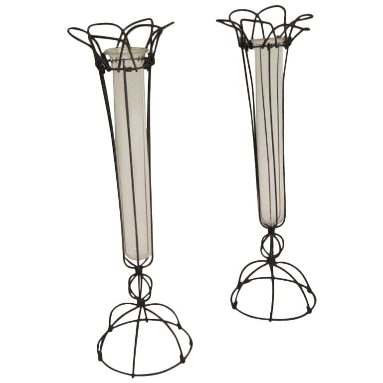 Pair of Small Victorian Articulate Wire and Glass Flower Bud Vases at ...