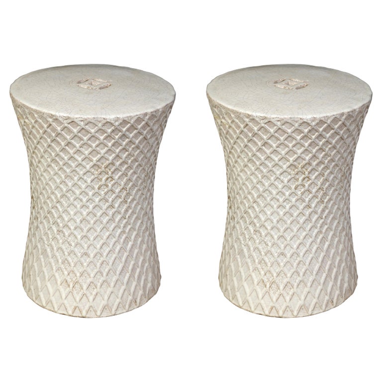 Pair of Small White Ceramic Stools For Sale at 1stDibs
