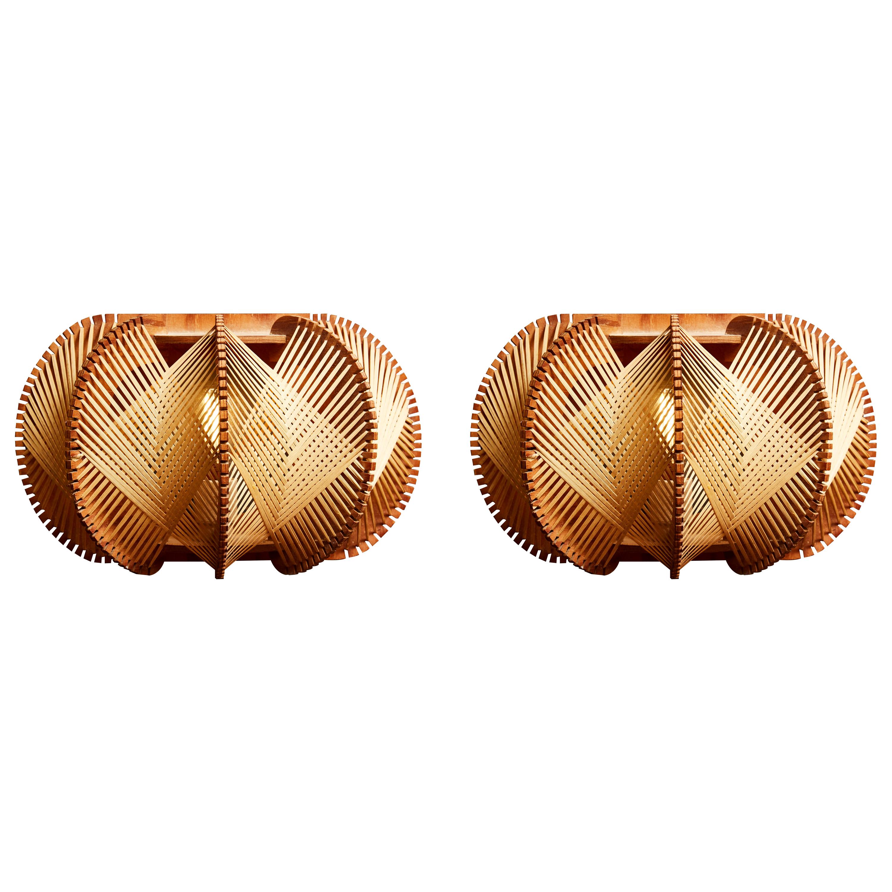 Pair of Small Wood and Ropes Round Wall Sconces at 1stDibs