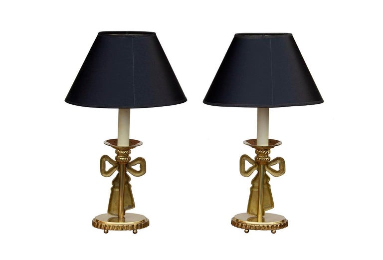 Pair of Solid Brass Candlestick Table Lamps with Bow Detail For Sale at ...