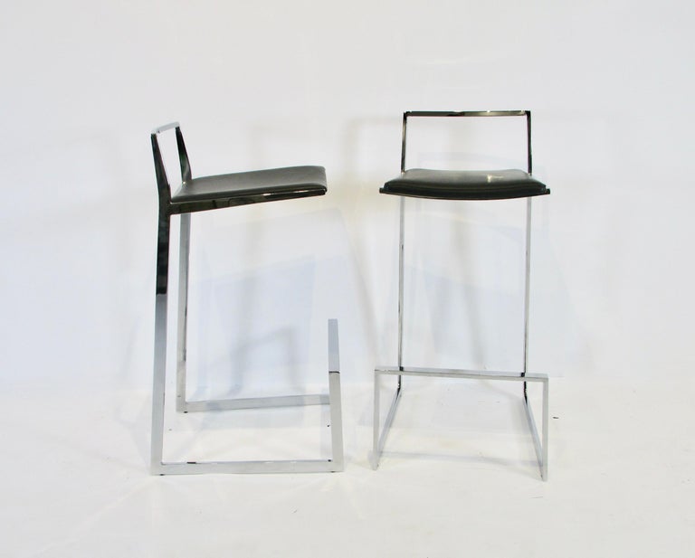 Pair of Solid Chrome Cantilever Frame Bar or Counter Stools with Black ...