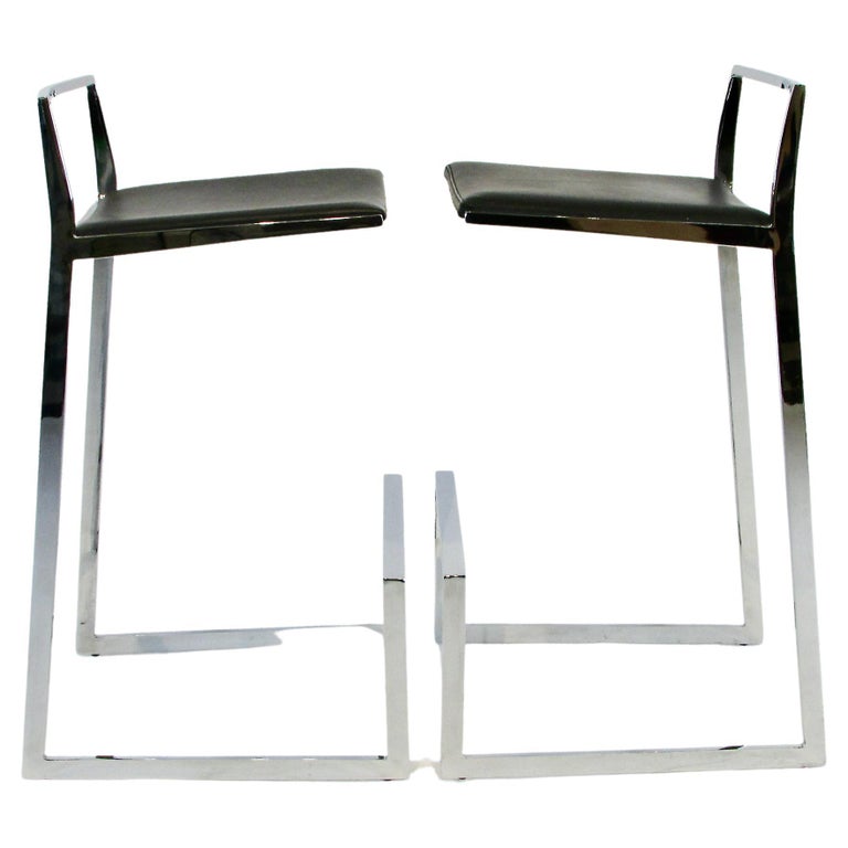 Pair of Solid Chrome Cantilever Frame Bar or Counter Stools with Black ...