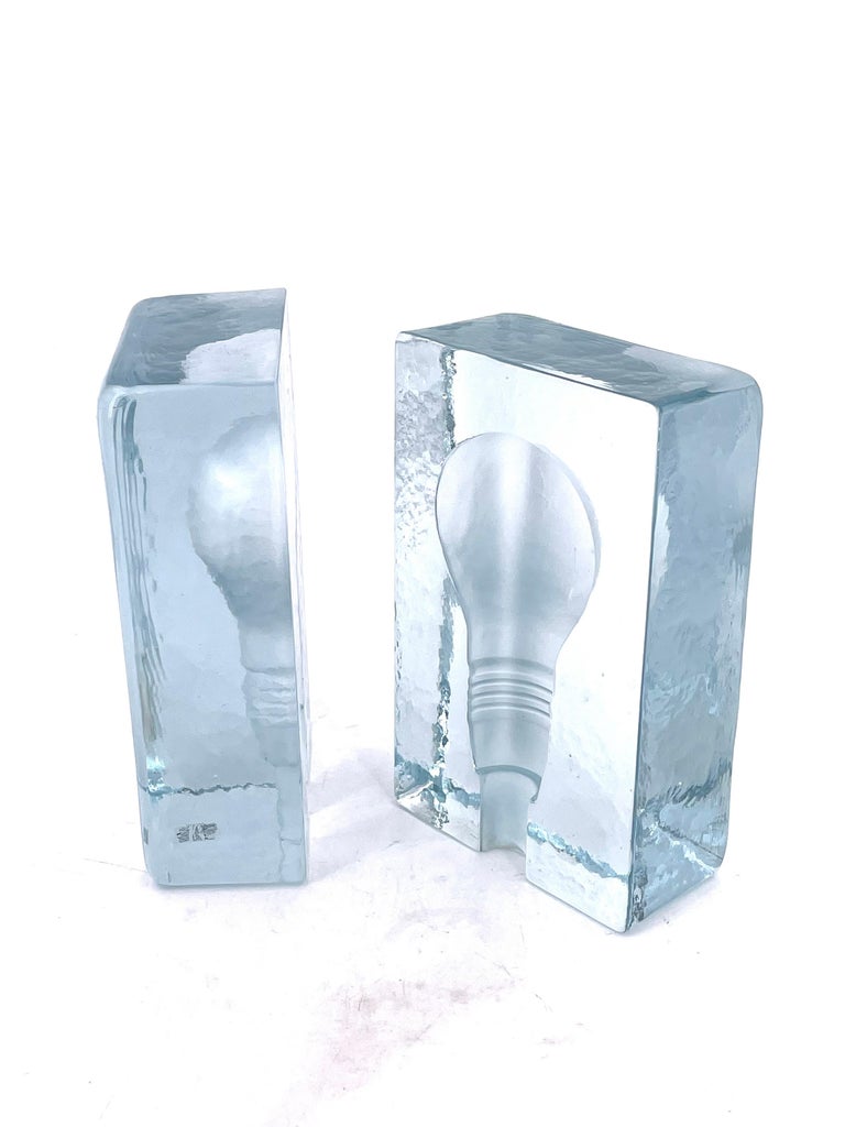 Pair of Solid Glass Bookends with Lightbulb Design at 1stDibs