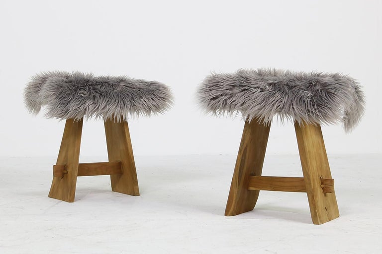 Pair of Solid Teak Curved Butterfly Stools, Japan Style, Modern Organic ...