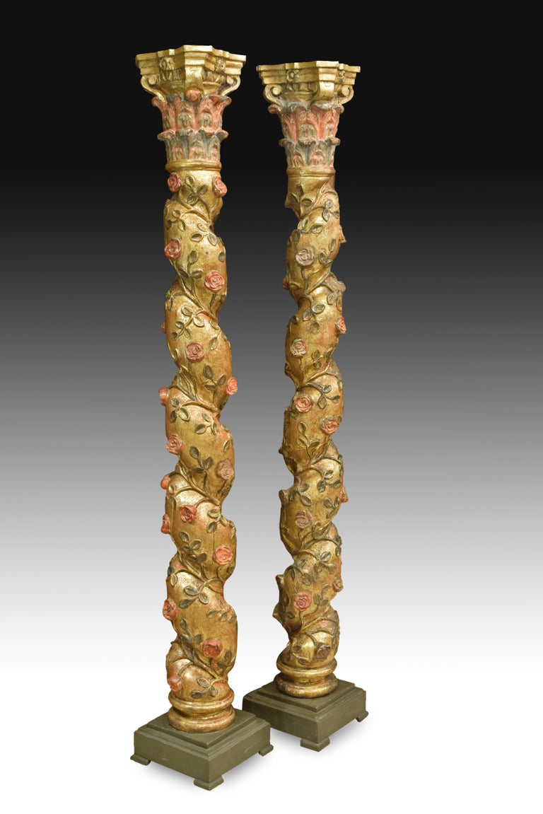 Pair of Solomonic Columns, Polychromed and Gilded Wood, 17th Century ...