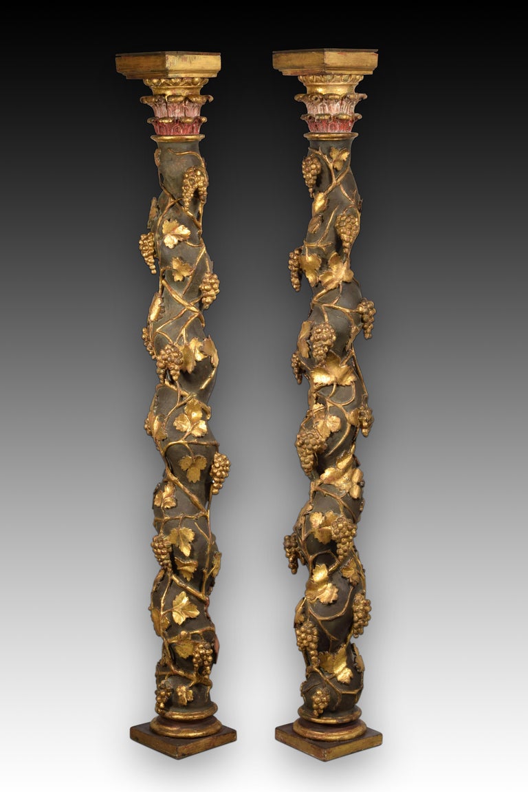 Pair of solomonic columns. Wood. Spanish school, 18th century. at 1stDibs