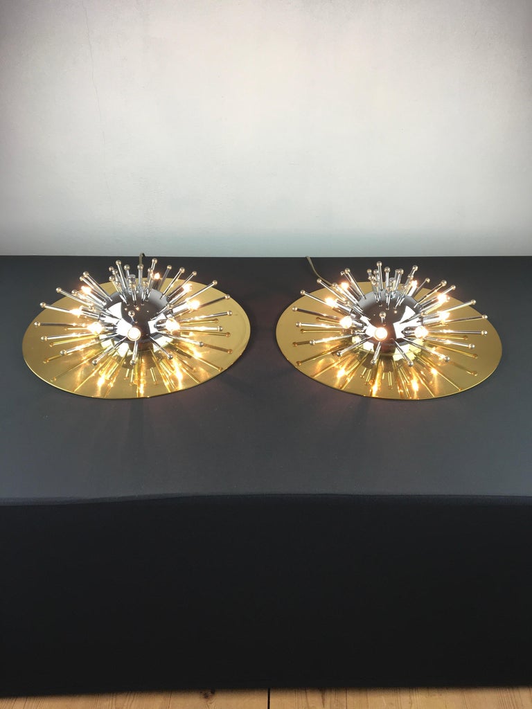 Pair of Space Age Sputnik Wall Lights or Flushmounts, Brass with Chrome ...