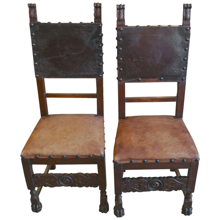 Pair of Spanish 18th Century High Back Studded Leather Dining Chairs at ...