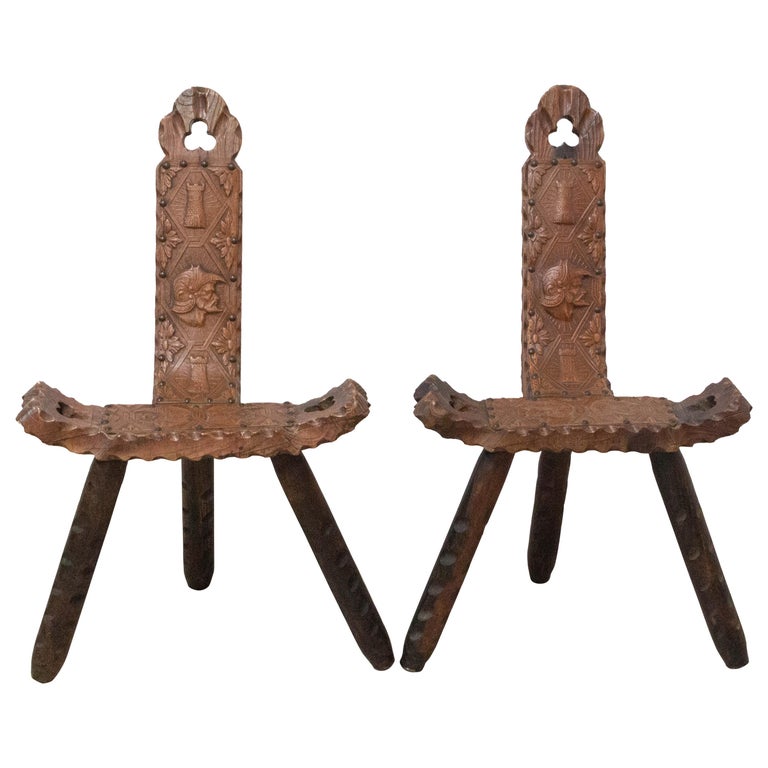 Pair of Spanish Chairs Three Legs Wood and Leather Midcentury at 1stDibs