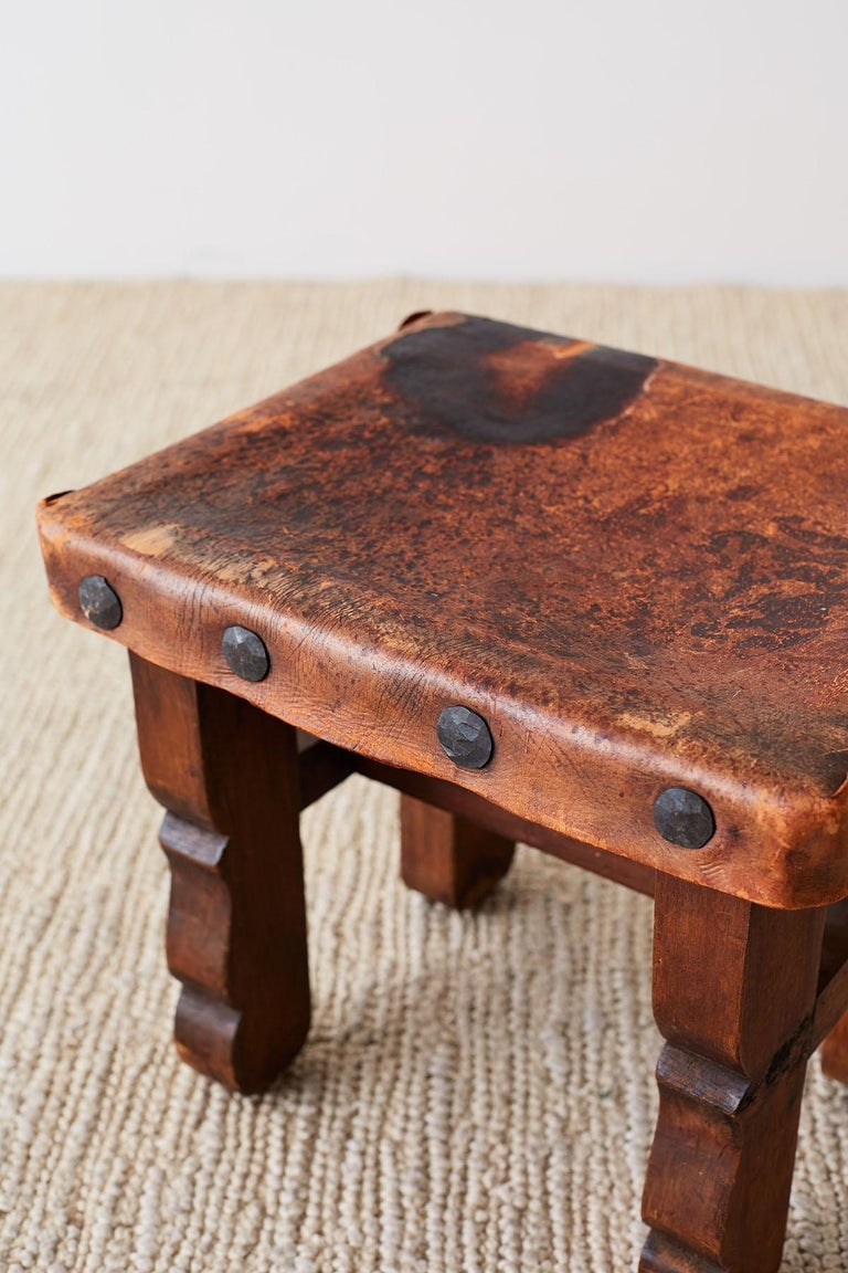 Pair of Spanish Colonial Walnut Stools with Leather Seats at 1stDibs