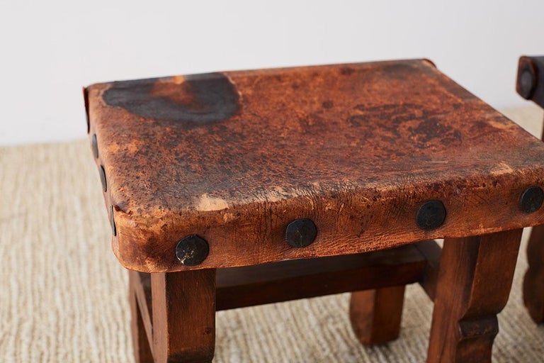 Pair of Spanish Colonial Walnut Stools with Leather Seats at 1stDibs