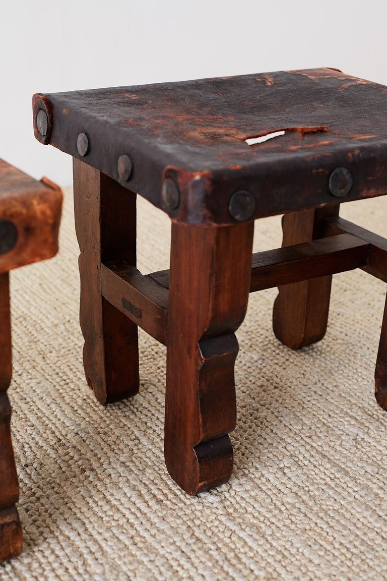 Pair of Spanish Colonial Walnut Stools with Leather Seats at 1stDibs