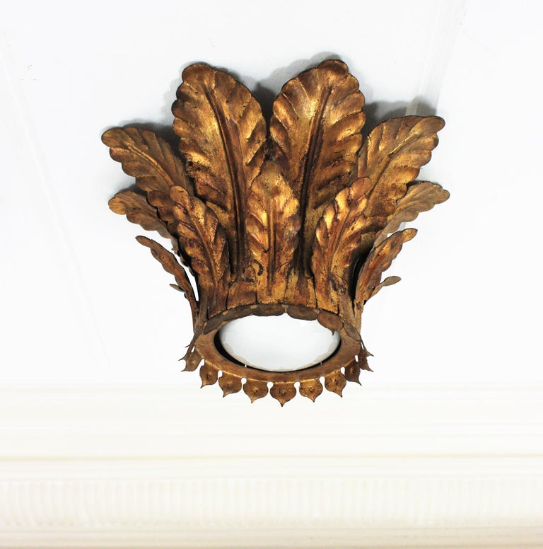 Sunburst Foliage Crown Light Fixtures in Gilt Iron, Pair For Sale at ...