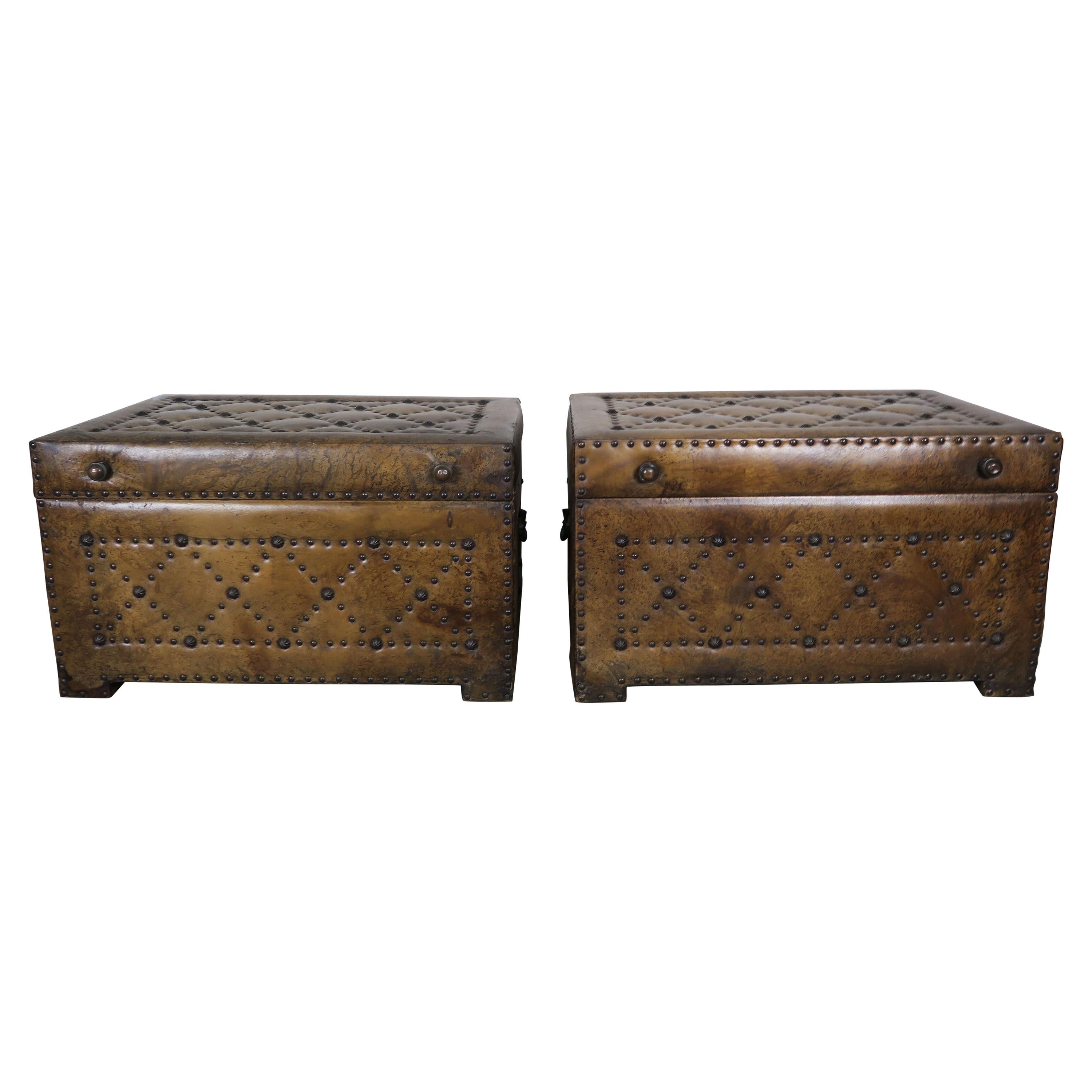 Pair of Spanish Leather Tufted Chests with Nailhead Trim at 1stDibs
