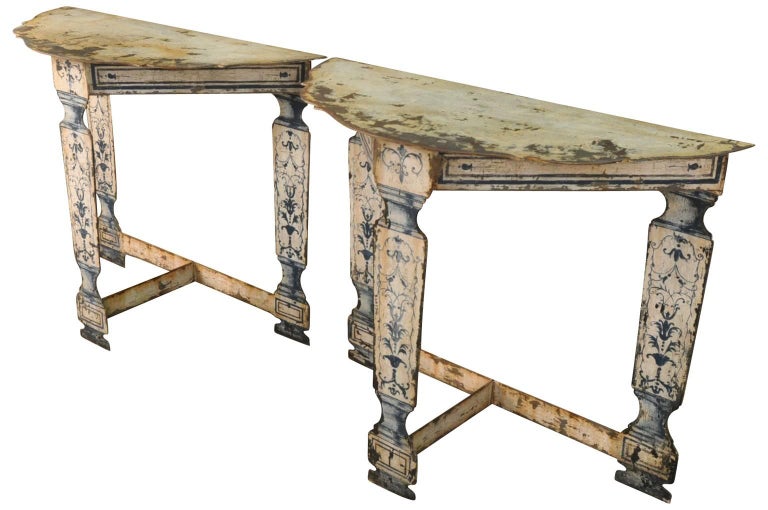 Pair of Spanish Painted Metal Demilune Consoles at 1stDibs