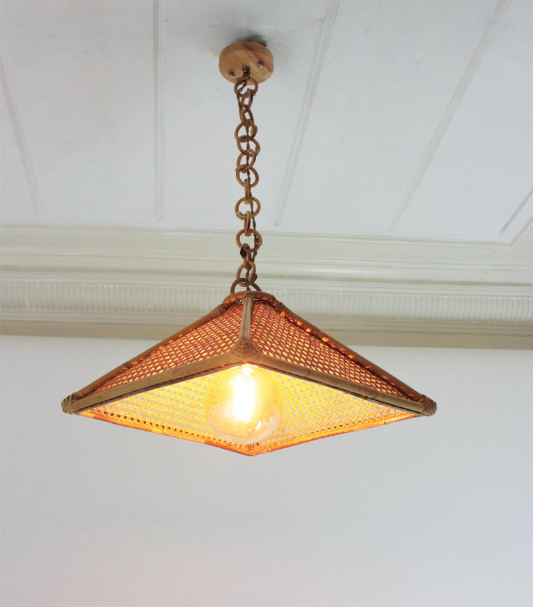 Pair of Spanish Rattan and Wicker Wire Trapezoid Pendants or Hanging ...