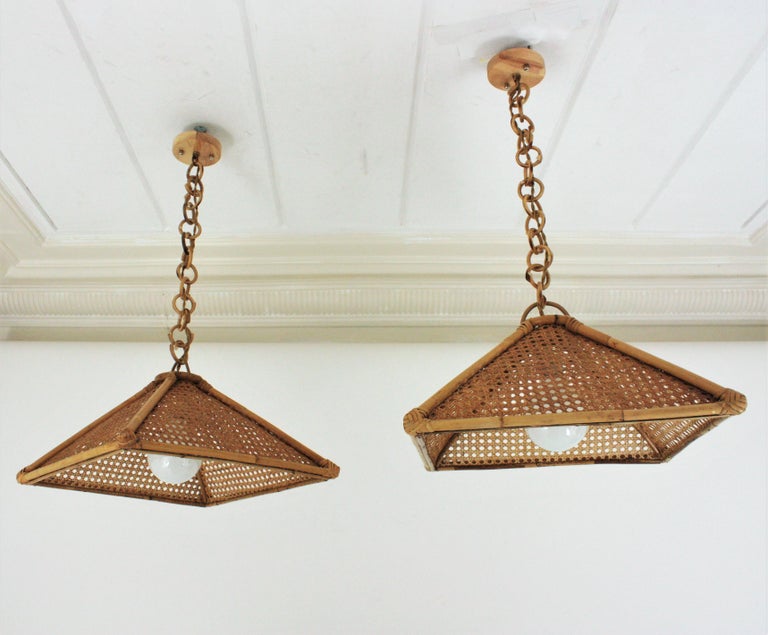 Pair of Spanish Rattan and Wicker Wire Trapezoid Pendants or Hanging ...