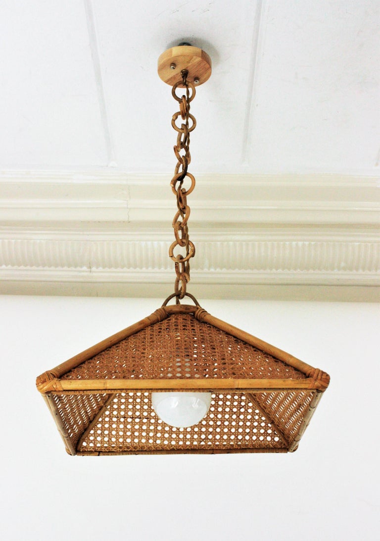 Pair of Spanish Rattan and Wicker Wire Trapezoid Pendants or Hanging ...