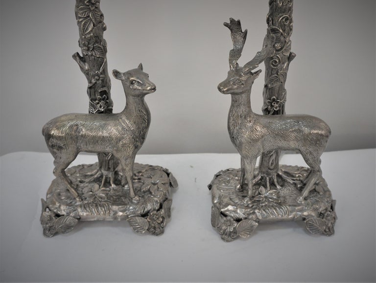 Pair of Spanish Silver with Deer Sculptures Table Lamps For Sale at 1stDibs