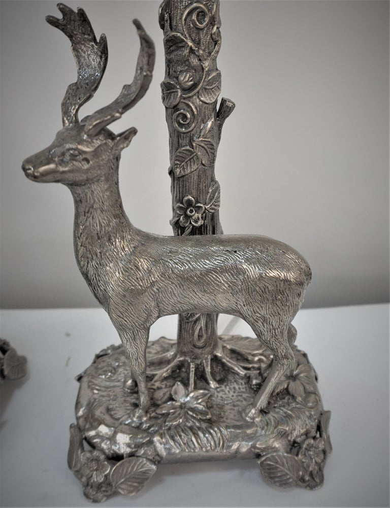 Pair of Spanish Silver with Deer Sculptures Table Lamps For Sale at 1stDibs