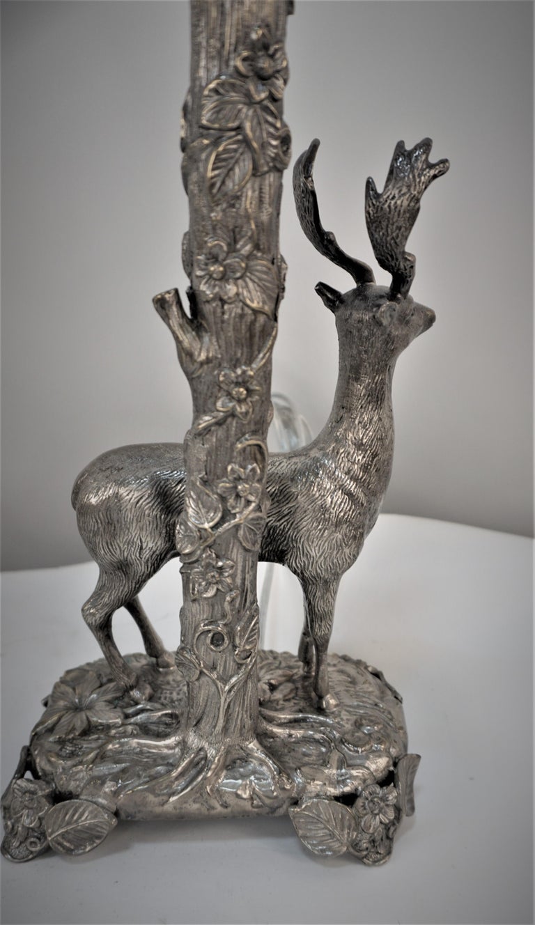 Pair of Spanish Silver with Deer Sculptures Table Lamps For Sale at 1stDibs