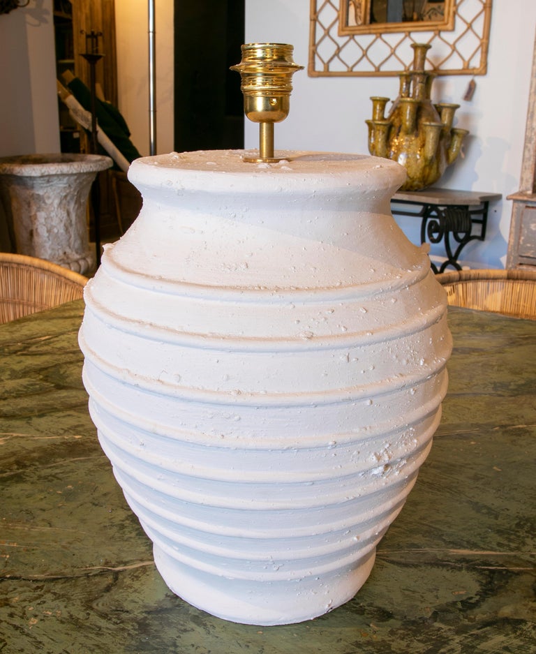 Pair of Spanish White Lime Painted Ceramic Table Lamps For Sale at 1stDibs