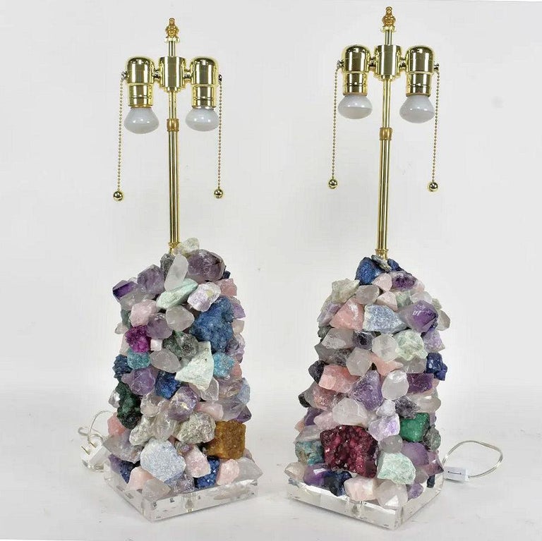 Pair of Specimen Mineral Brass and Lucite Table Lamps For Sale at 1stDibs