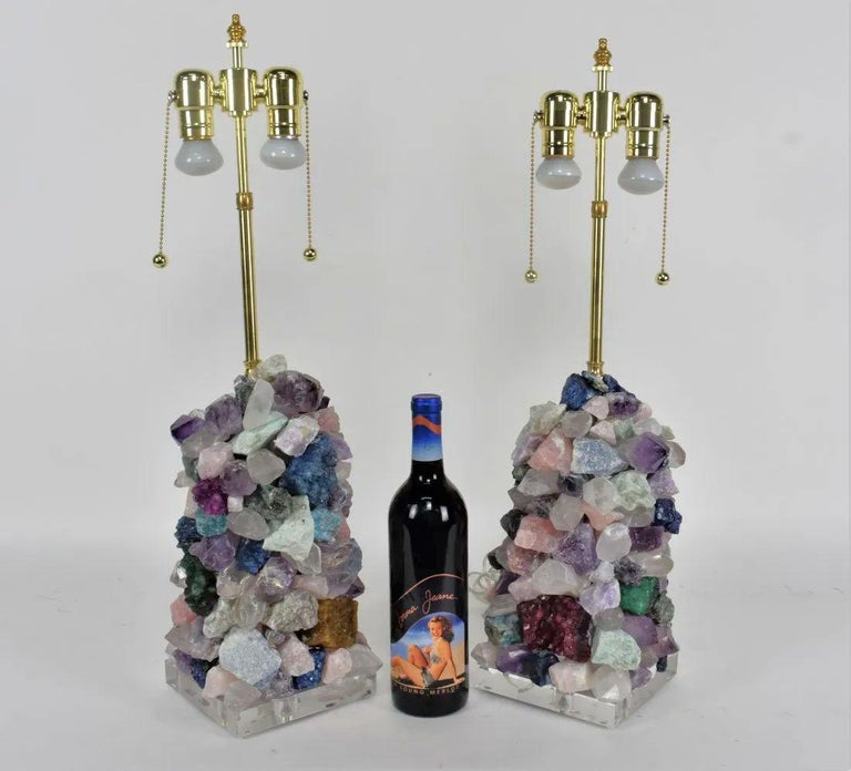 Pair of Specimen Mineral Brass and Lucite Table Lamps For Sale at 1stDibs