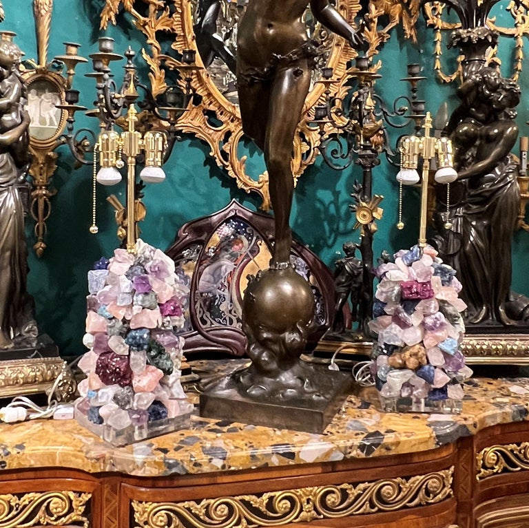 Pair of Specimen Mineral Brass and Lucite Table Lamps For Sale at 1stDibs