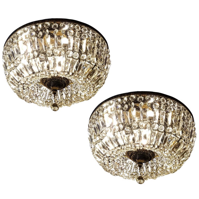 Pair of Spectacular Flush Mount Crystal and Bronze Basket Chandeliers ...