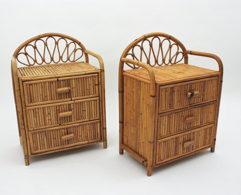 Pair of Split Reed Bamboo Rattan Nightstands, 1970s at 1stDibs