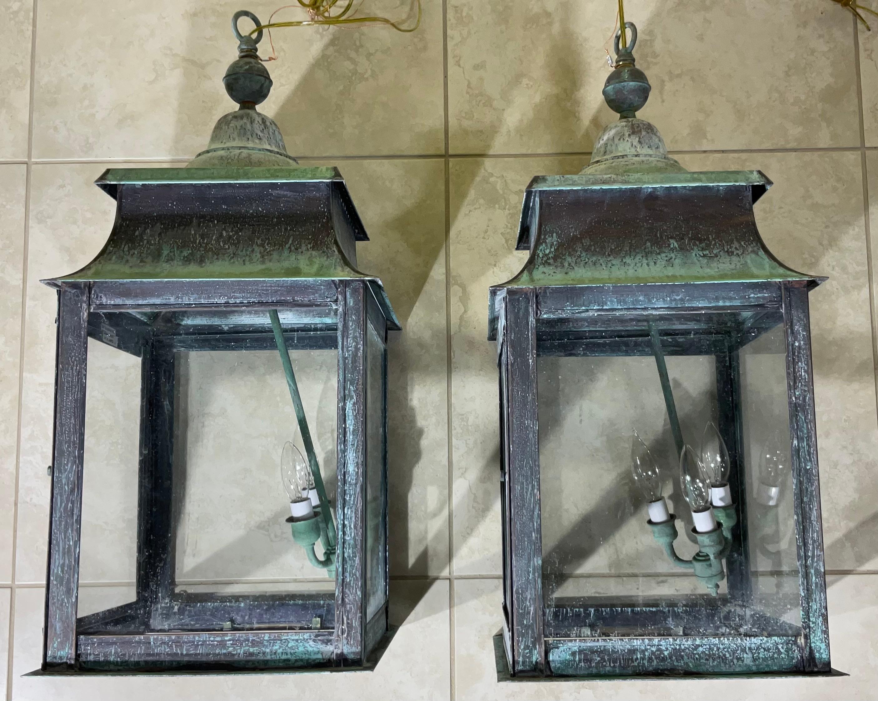 Pair Of Square Handcrafted Copper Hanging Lanterns at 1stDibs